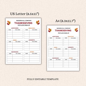 Thanksgiving Potluck Sign-up Sheet Template Bundle, Editable ...