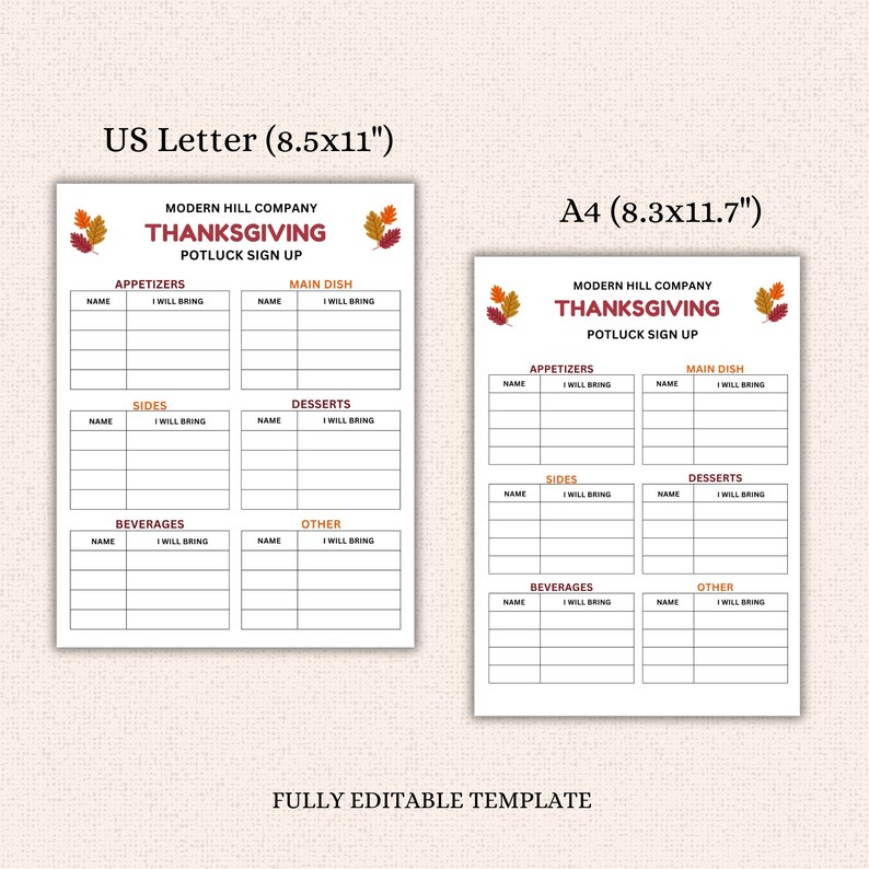 Thanksgiving Potluck Sign-up Sheet Template Bundle, Editable ...