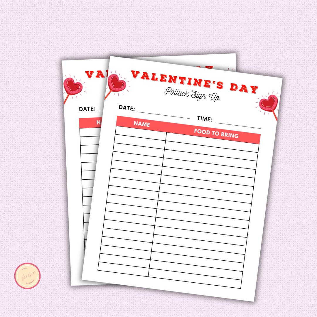 Valentine's Day Potluck Sign-up Sheet Template, Editable Neighborhood ...