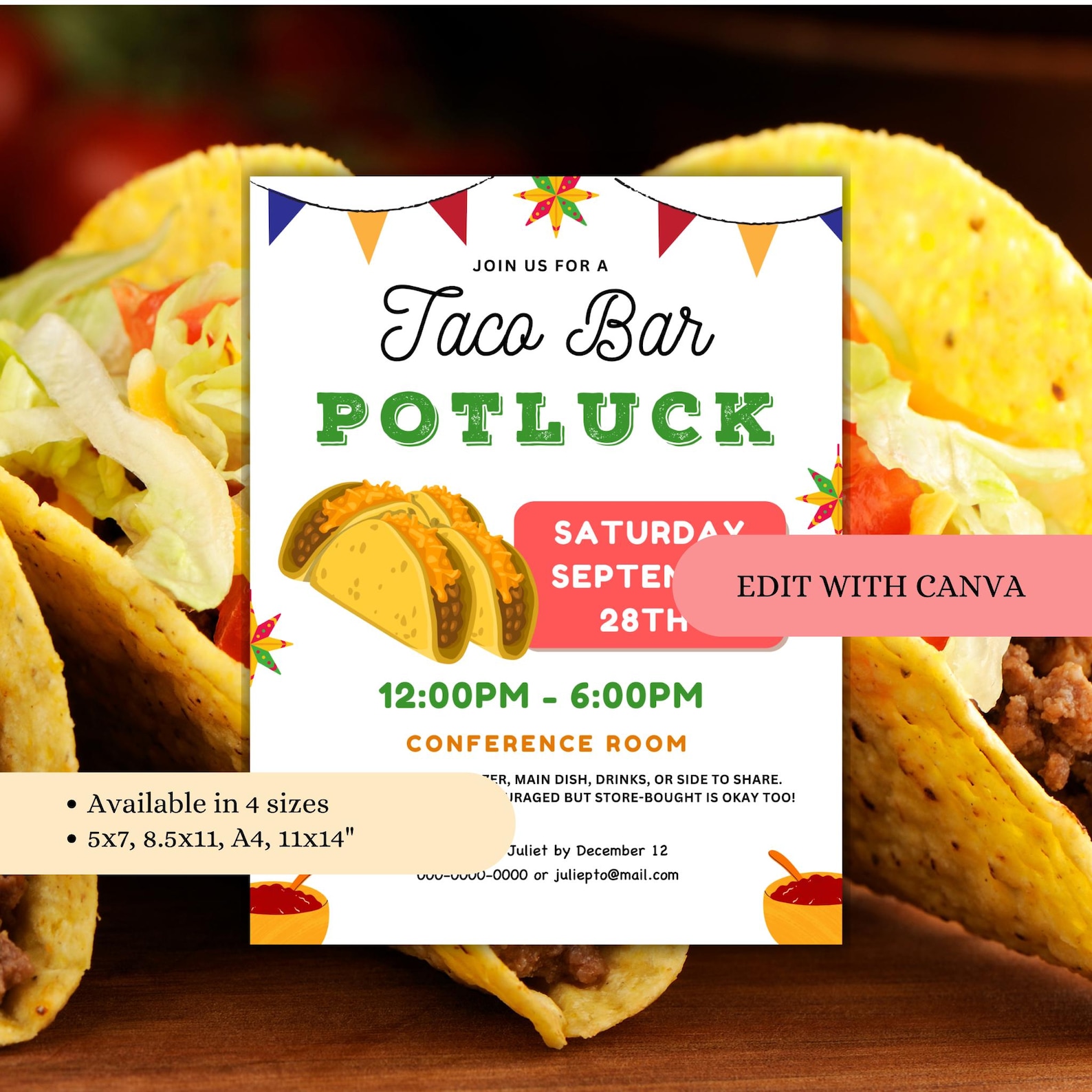 Taco Bar Potluck Flyer Template and Sign-up Sheet, Church, Community ...