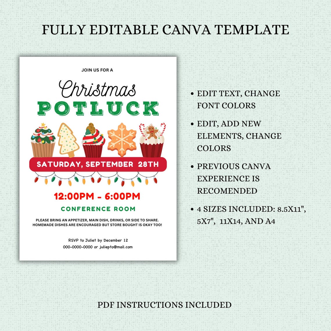Editable Christmas Potluck Flyer Template, Holiday Potluck Party, Canva ...