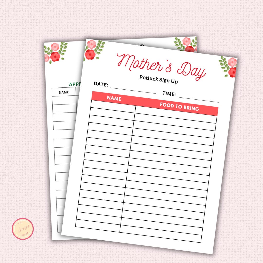 Mother's Day Potluck Sign-up Sheet Template, Editable Church ...