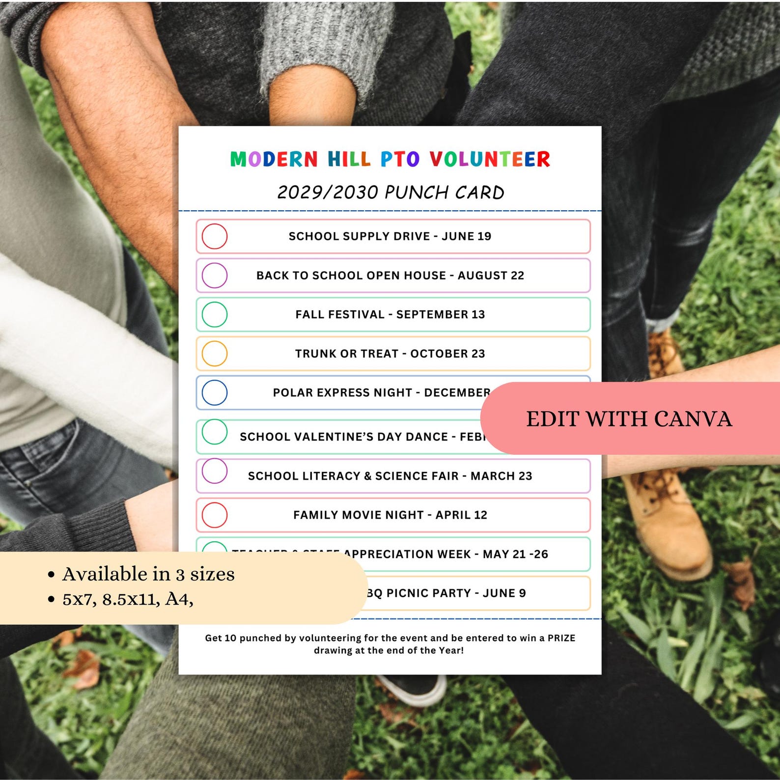 Editable PTO PTA Punch Card Template - Volunteer Membership - PTA Form ...
