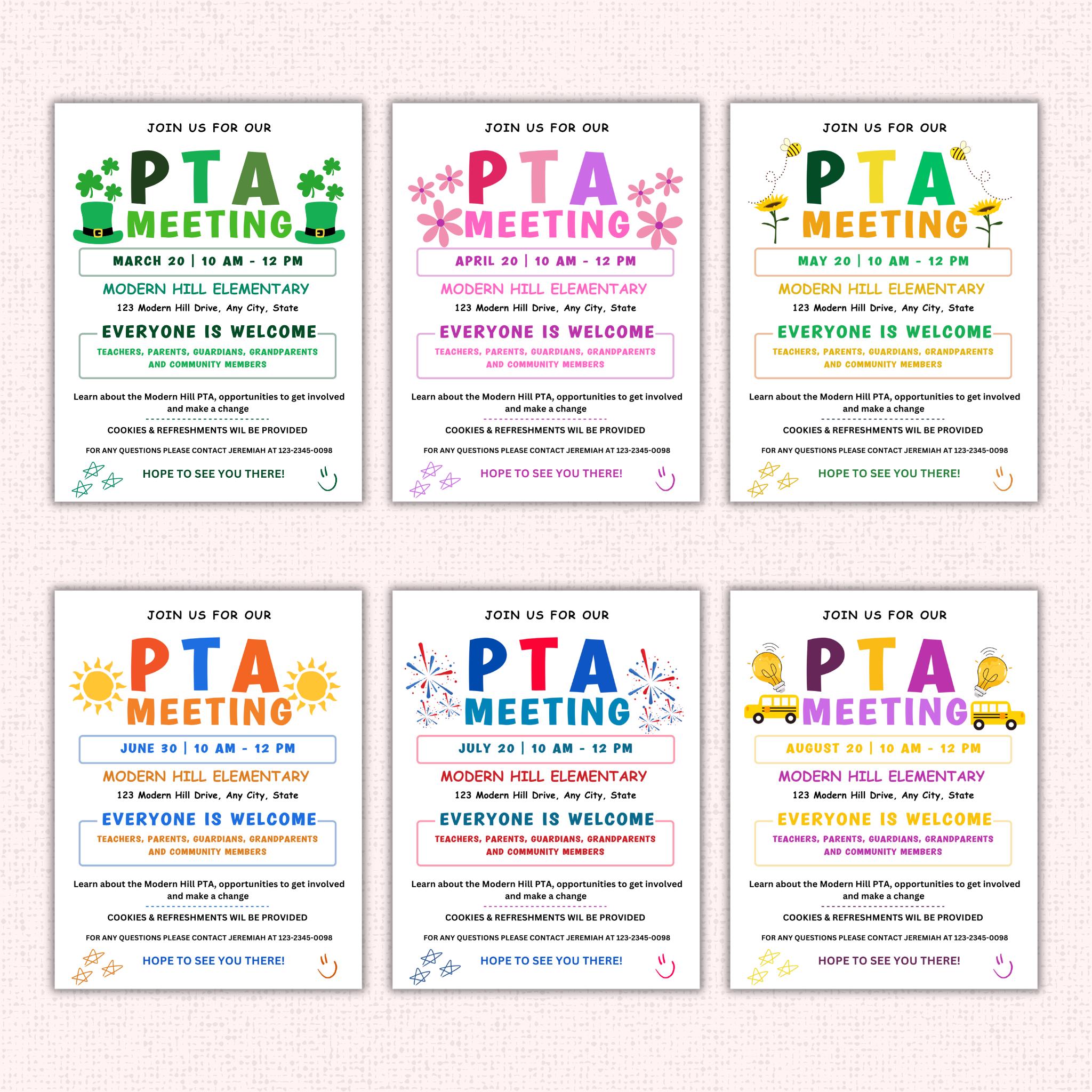 PTA PTO Monthly Meetings Flyer Template Bundle - Editable PTA Canva ...