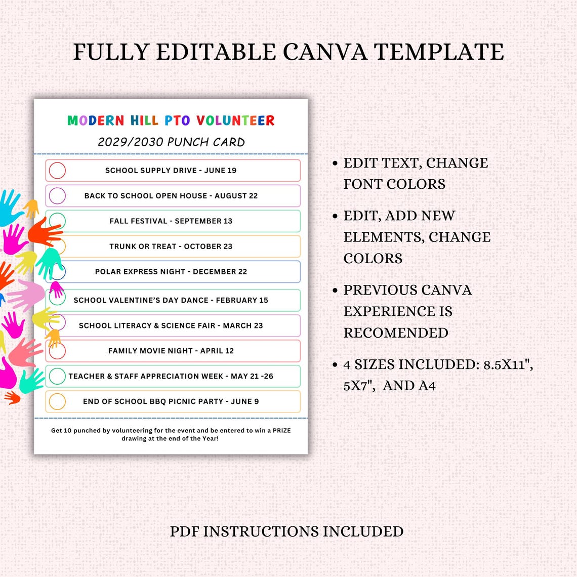 Editable PTO PTA Punch Card Template - Volunteer Membership - PTA Form ...