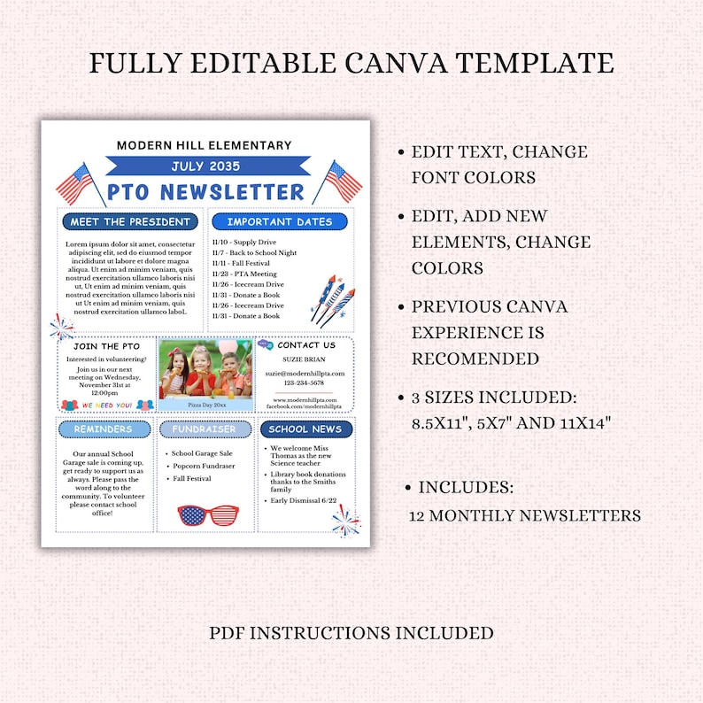 PTO 12 Monthly Newsletter Template Bundle - Editable PTA Canva ...