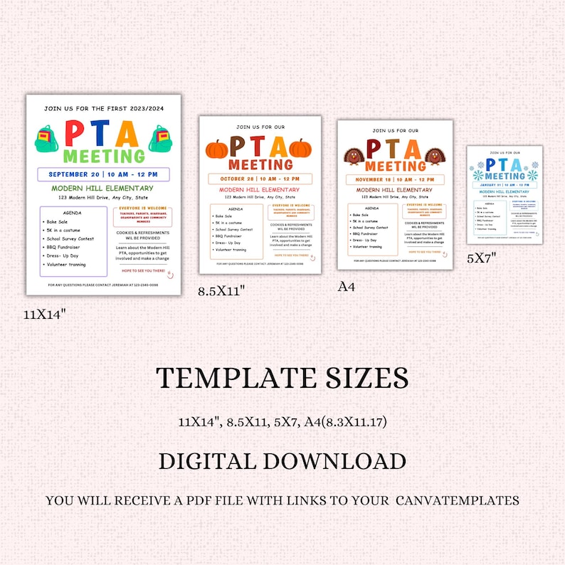 School PTA PTO Monthly Meetings Flyer Template Bundle - Editable PTA ...