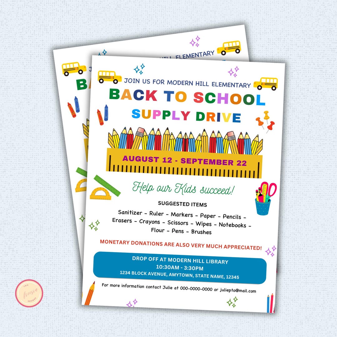 Back to School Supply Drive Flyer Template, Editable School Supplies ...