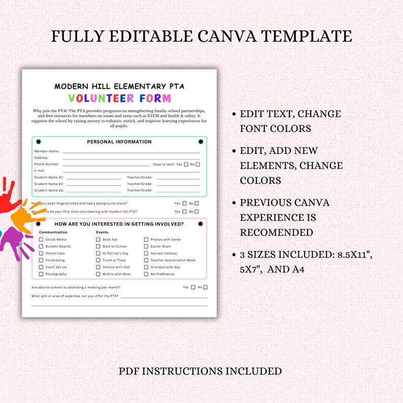 PTO PTA Volunteer Form Template - Editable Canva Template - Membership ...