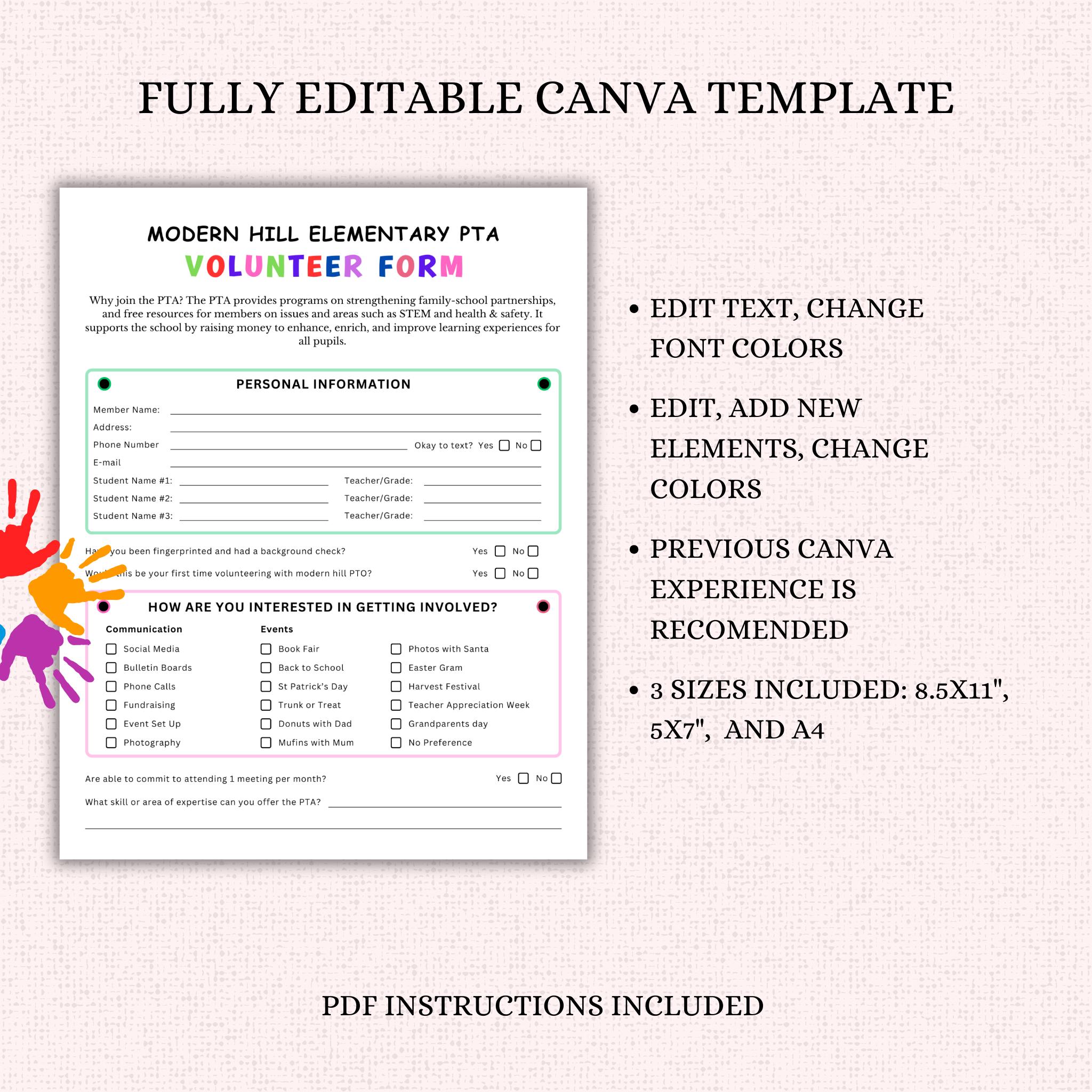 PTO PTA Volunteer Form Template - Editable Canva Template - Membership ...