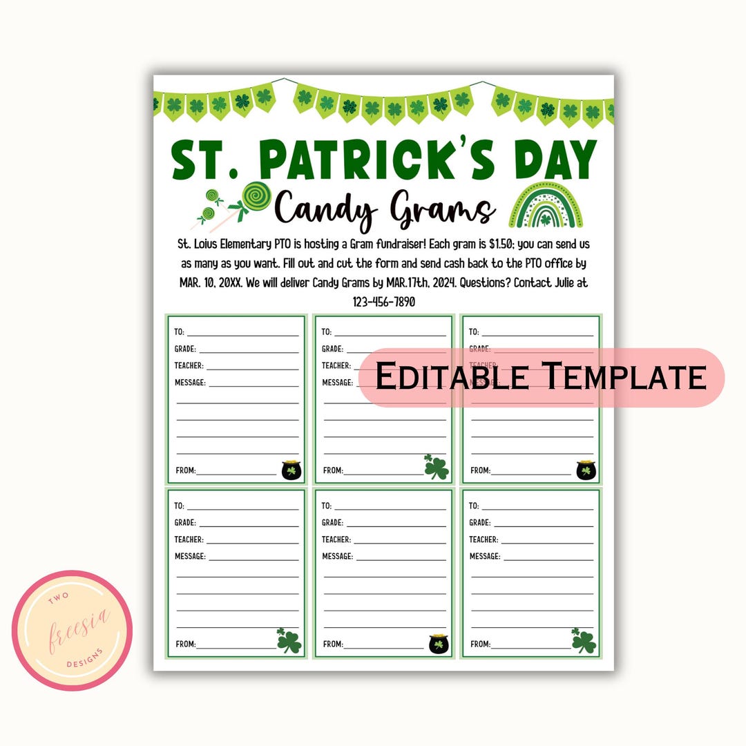 St. Patrick's Day Candy Gram Flyer Editable Template - Candy Grams ...