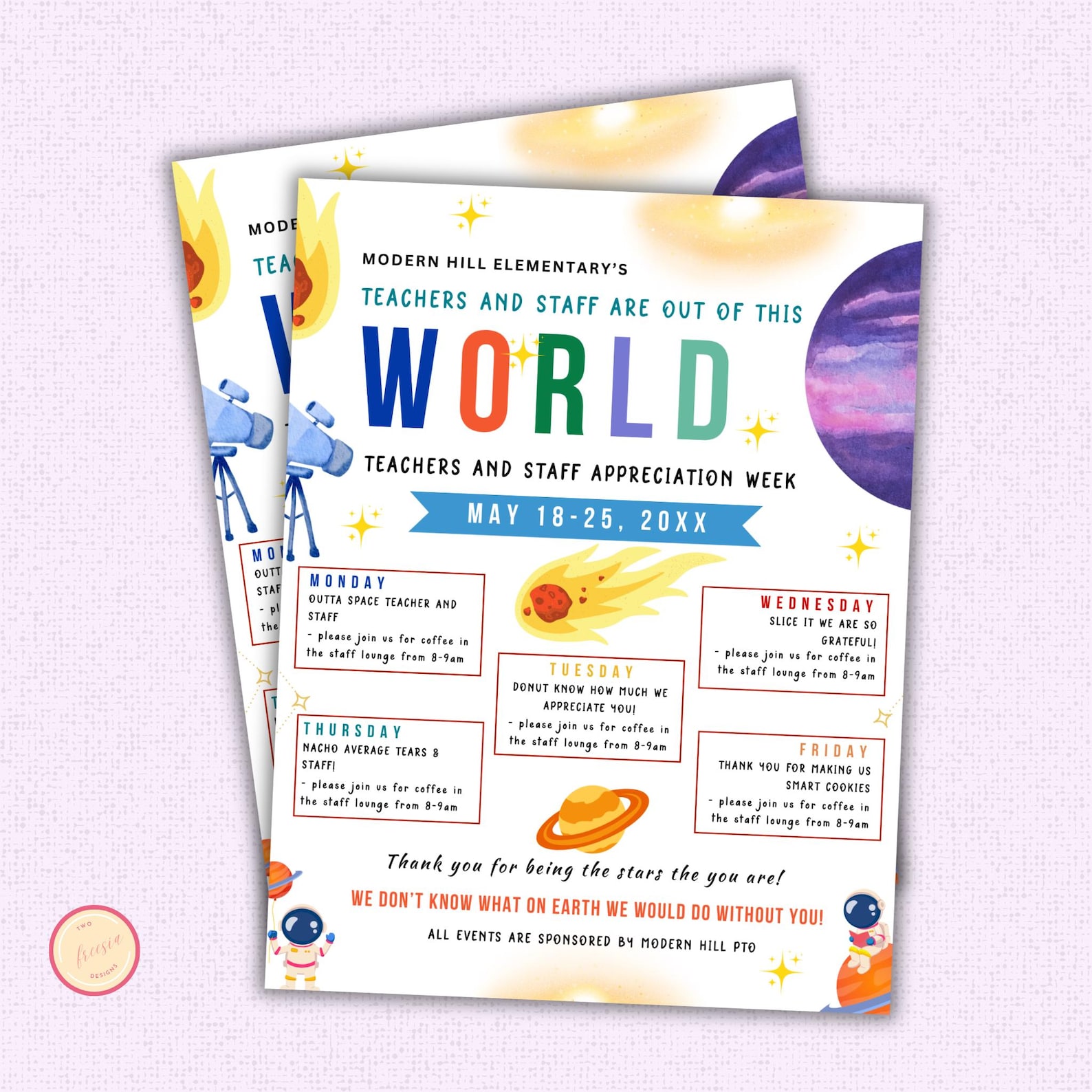 Outer Space-themed Teacher Appreciation Week Flyer, Space Itinerary ...