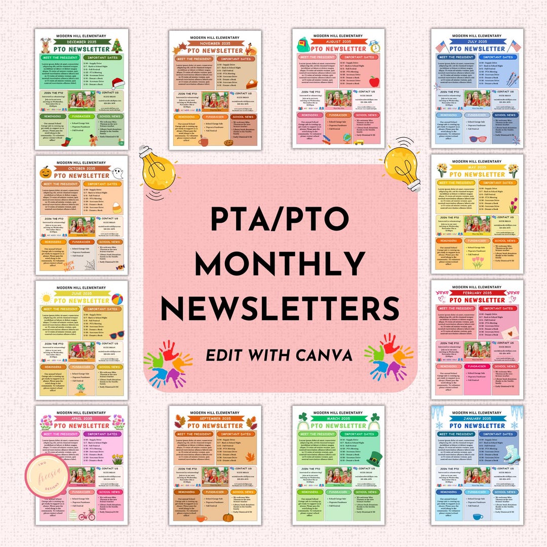 PTO/PTA Monthly Newsletter Template Bundle - 12 Editable PTA Canva ...