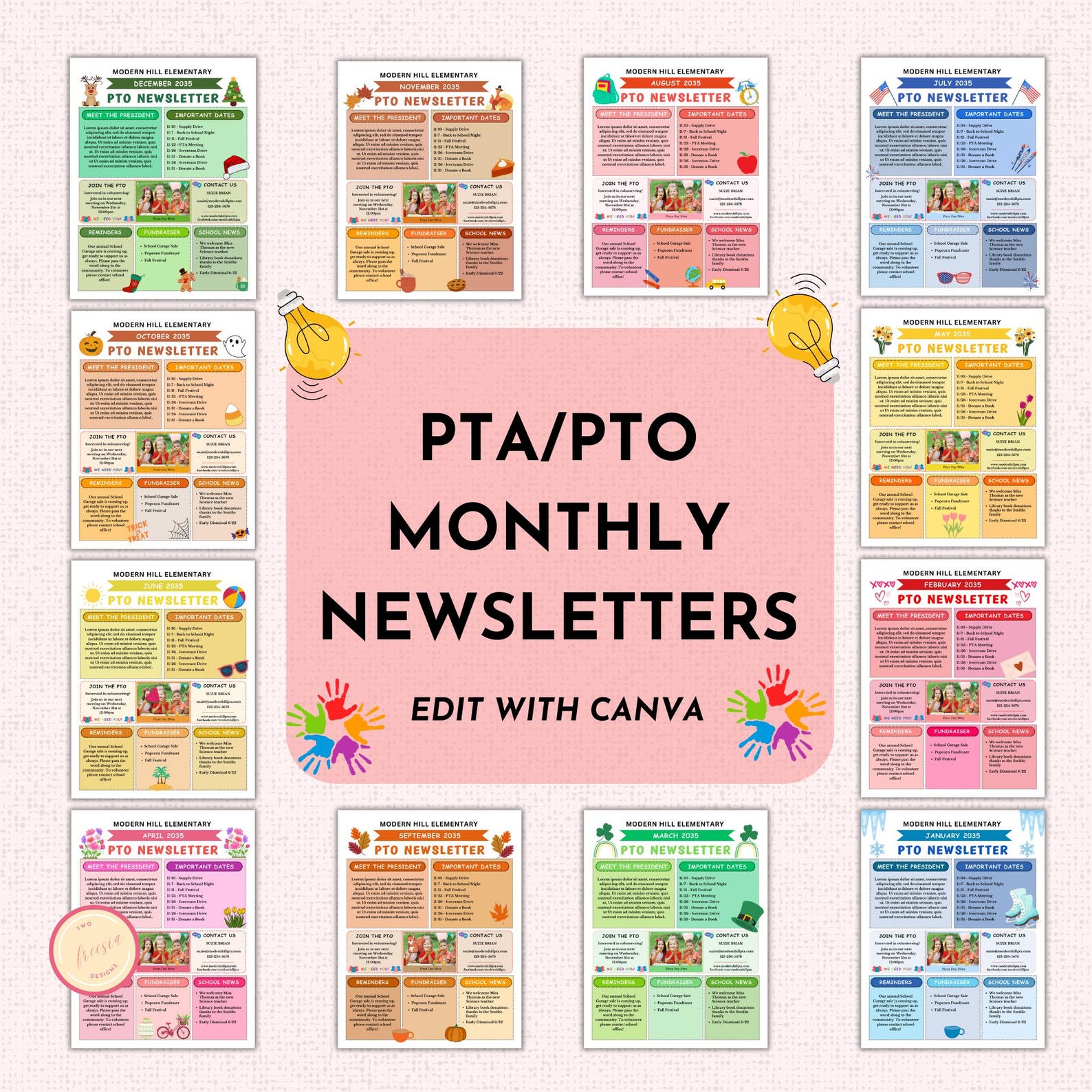 PTO/PTA Monthly Newsletter Template Bundle - 12 Editable PTA Canva ...