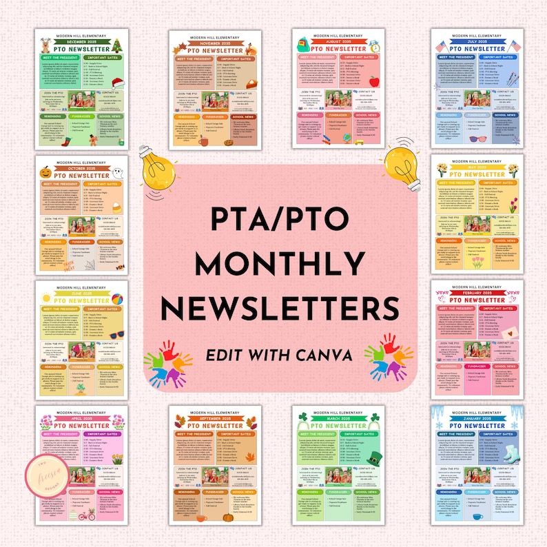 PTO/PTA Monthly Newsletter Template Bundle - 12 Editable PTA Canva ...