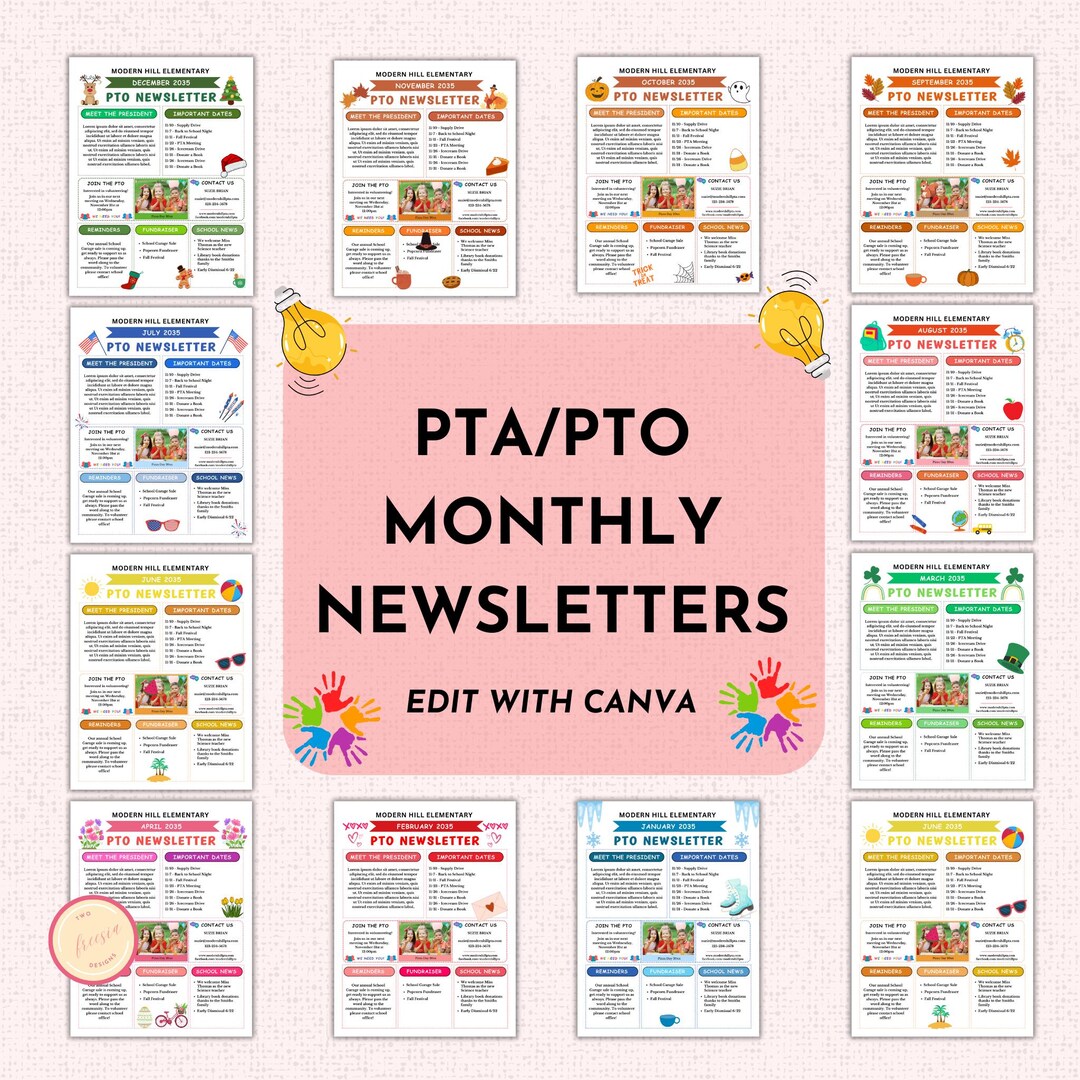 PTO 12 Monthly Newsletter Template Bundle - Editable PTA Canva ...