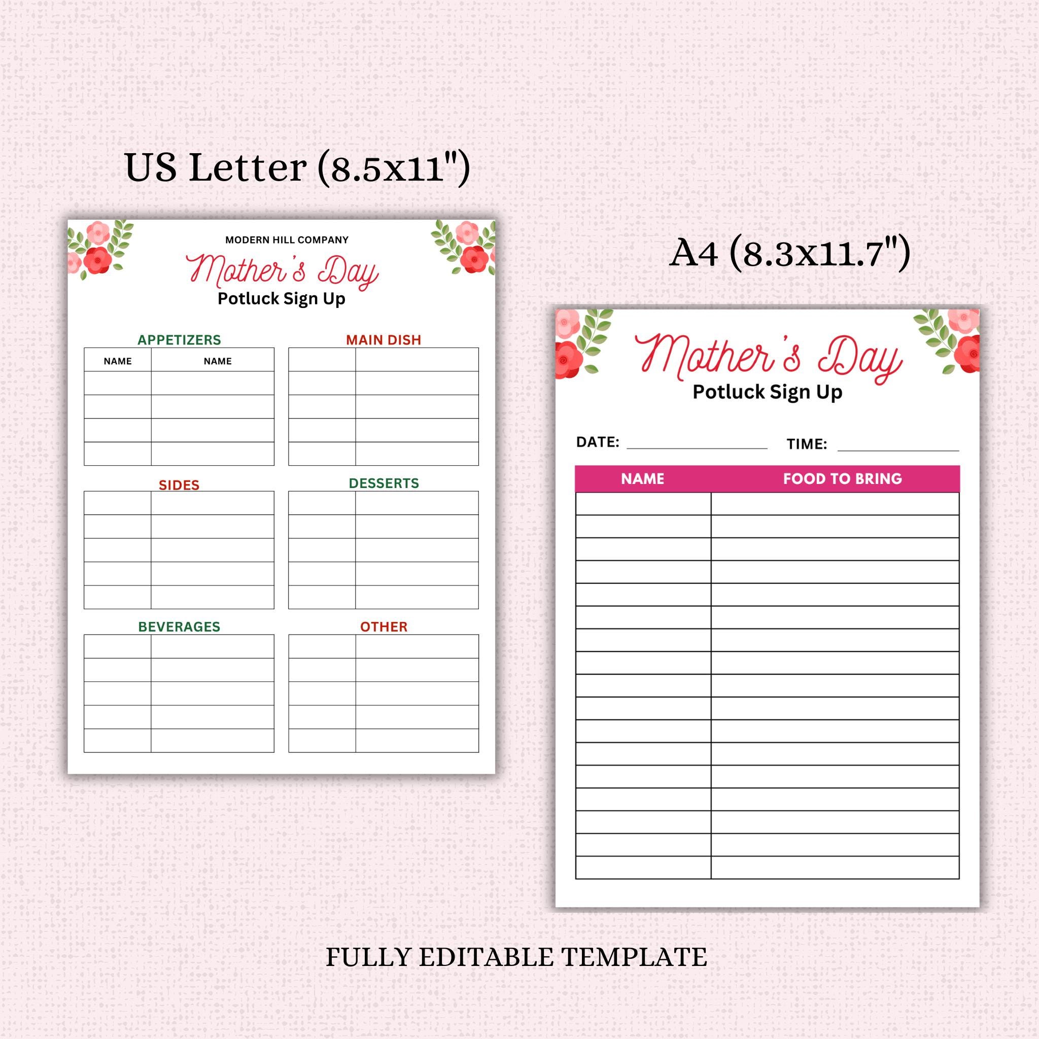 Mother's Day Potluck Sign-up Sheet Template, Editable Church ...