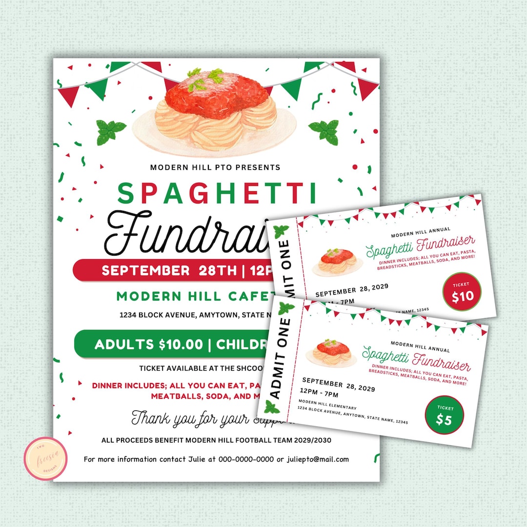 Spaghetti Dinner Fundraiser Flyer and Ticket Template, School, PTO PTA ...
