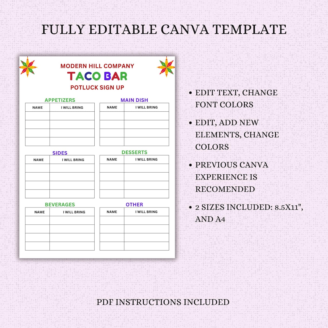 Taco Bar Potluck Sign-up Sheet Template, Church, Community Poster ...