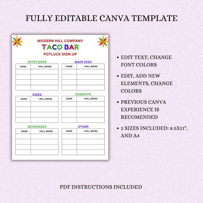 Taco Bar Potluck Sign-up Sheet Template, Church, Community Poster ...