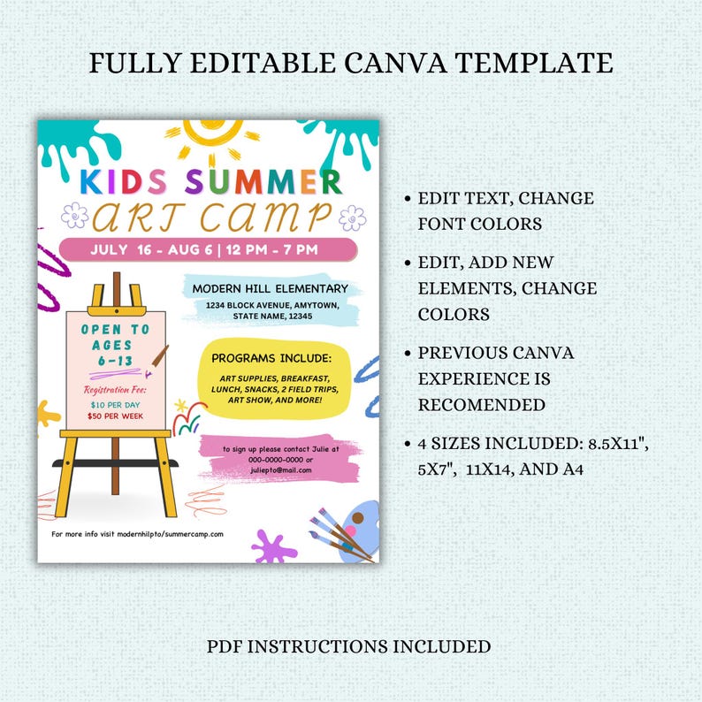 Editable Kids Summer Art Camp Flyer Template, Summer Break, Spring Art ...