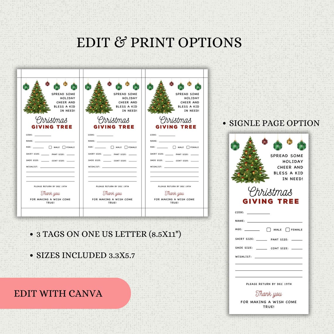 Christmas Giving Tree Tag Template, Toy Drive, School, Church ...