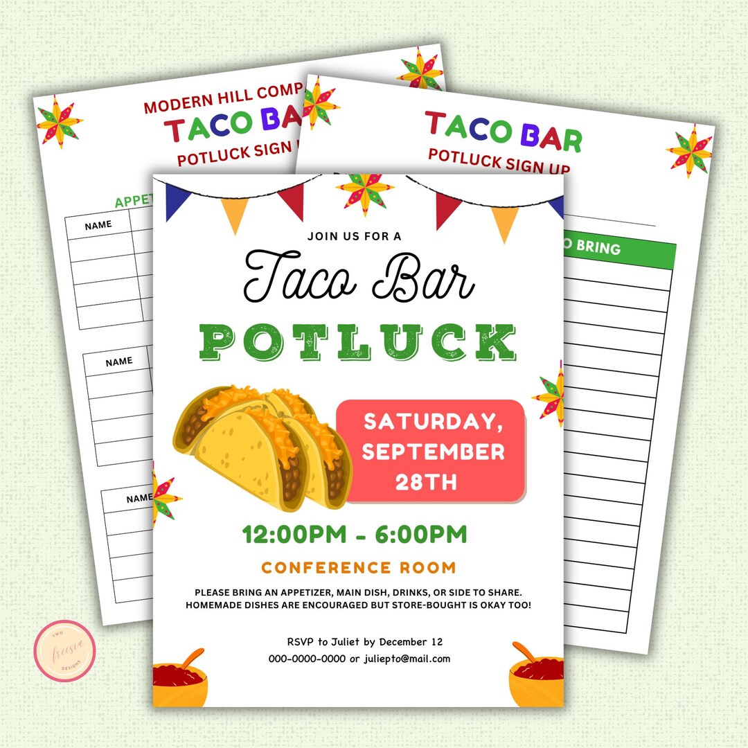 Taco Bar Potluck Flyer Template and Sign-up Sheet, Church, Community ...