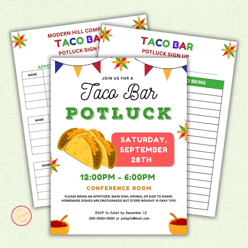 Taco Bar Potluck Flyer Template and Sign-up Sheet, Church, Community ...