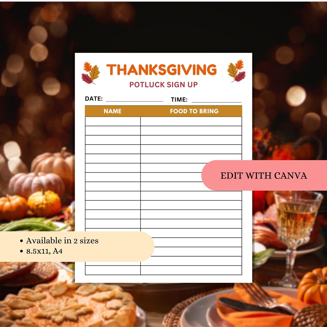 Thanksgiving Potluck Sign-up Sheet Template Bundle, Editable ...