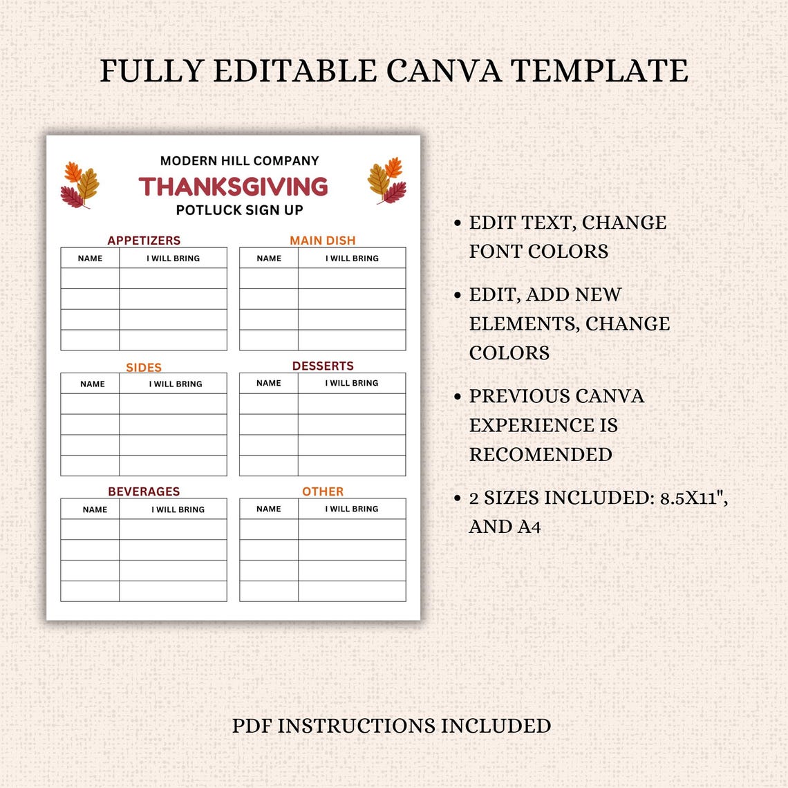 Thanksgiving Potluck Sign-up Sheet Template Bundle, Editable ...