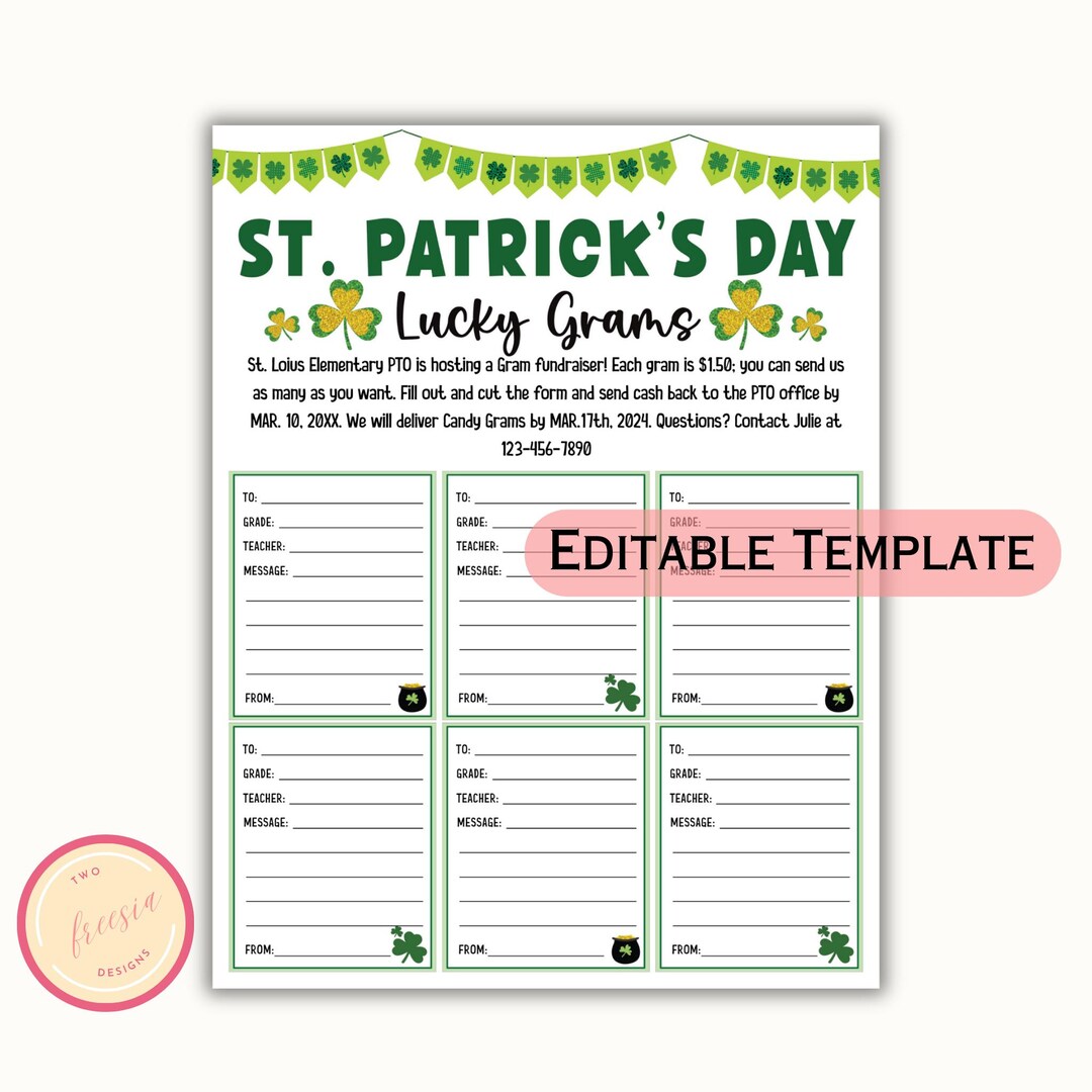 St. Patrick's Day Lucky Gram Flyer Editable Template - Candy Grams ...