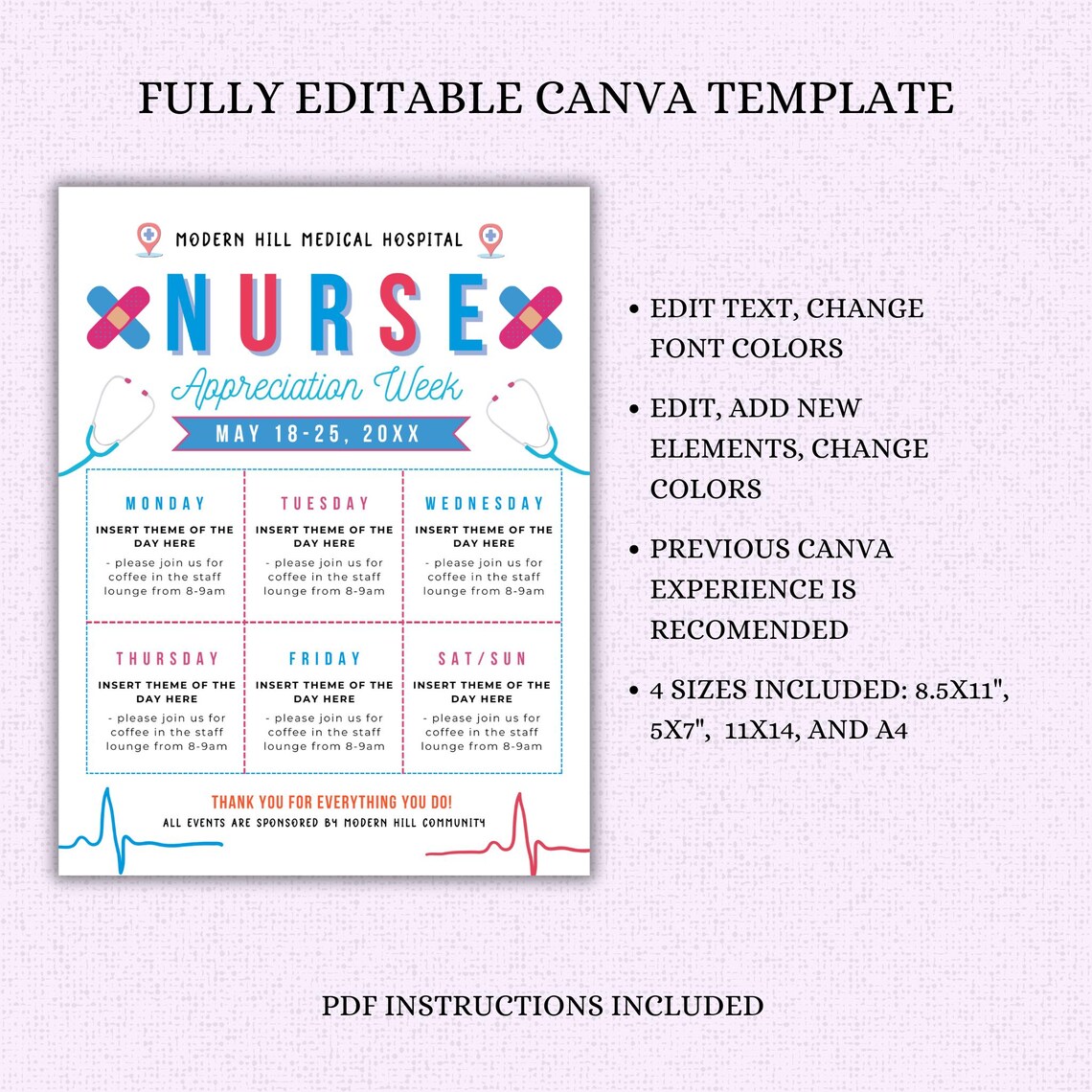 Nurse Appreciation Week Flyer, Itinerary Flyer, Canva Poster, Editable ...