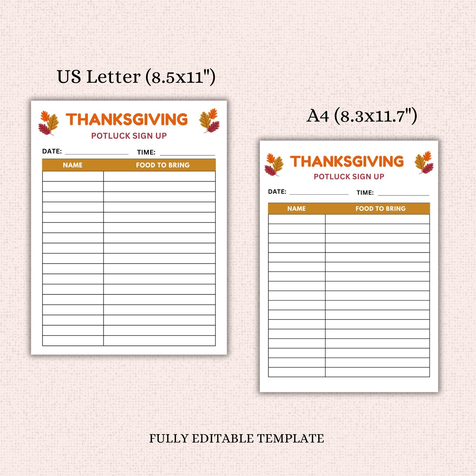 Thanksgiving Potluck Sign-up Sheet Template Bundle, Editable ...