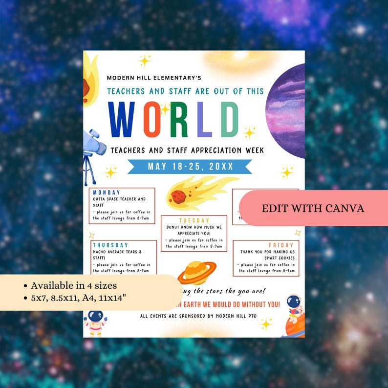 Outer Space-themed Teacher Appreciation Week Flyer, Space Itinerary ...