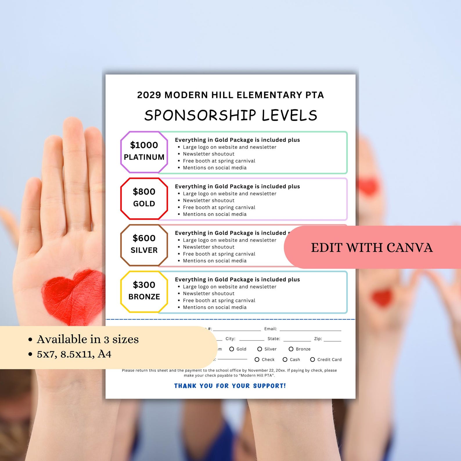 Sponsorship Level Flyer - Printable PTO PTA Form - Editable Template ...