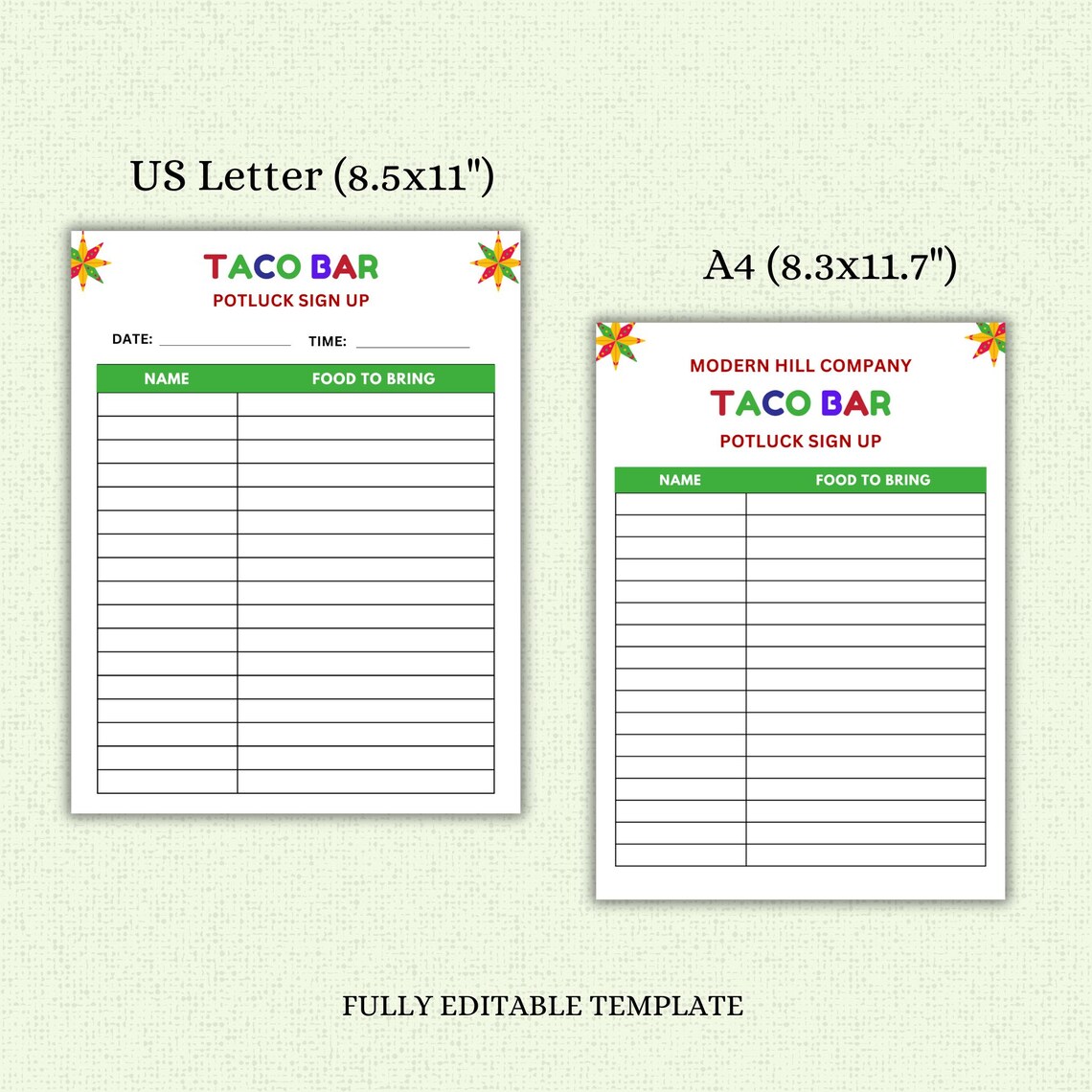 Taco Bar Potluck Flyer Template and Sign-up Sheet, Church, Community ...