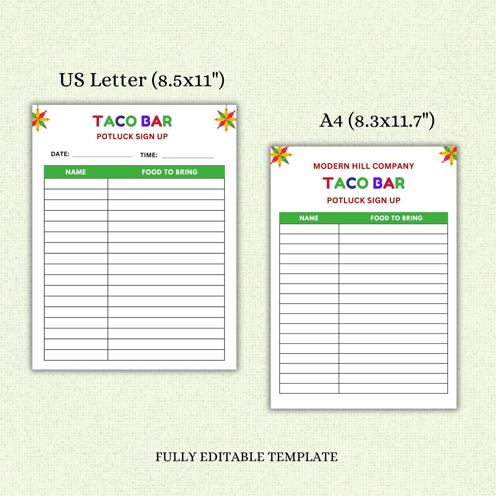 Taco Bar Potluck Flyer Template and Sign-up Sheet, Church, Community ...