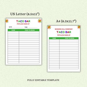 Taco Bar Potluck Flyer Template and Sign-up Sheet, Church, Community ...