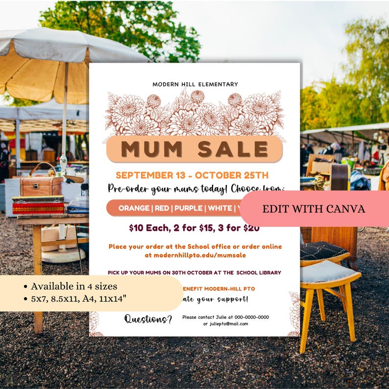 Editable Fall Mum Sale Flyer Template, School Fundraiser, Autumn ...
