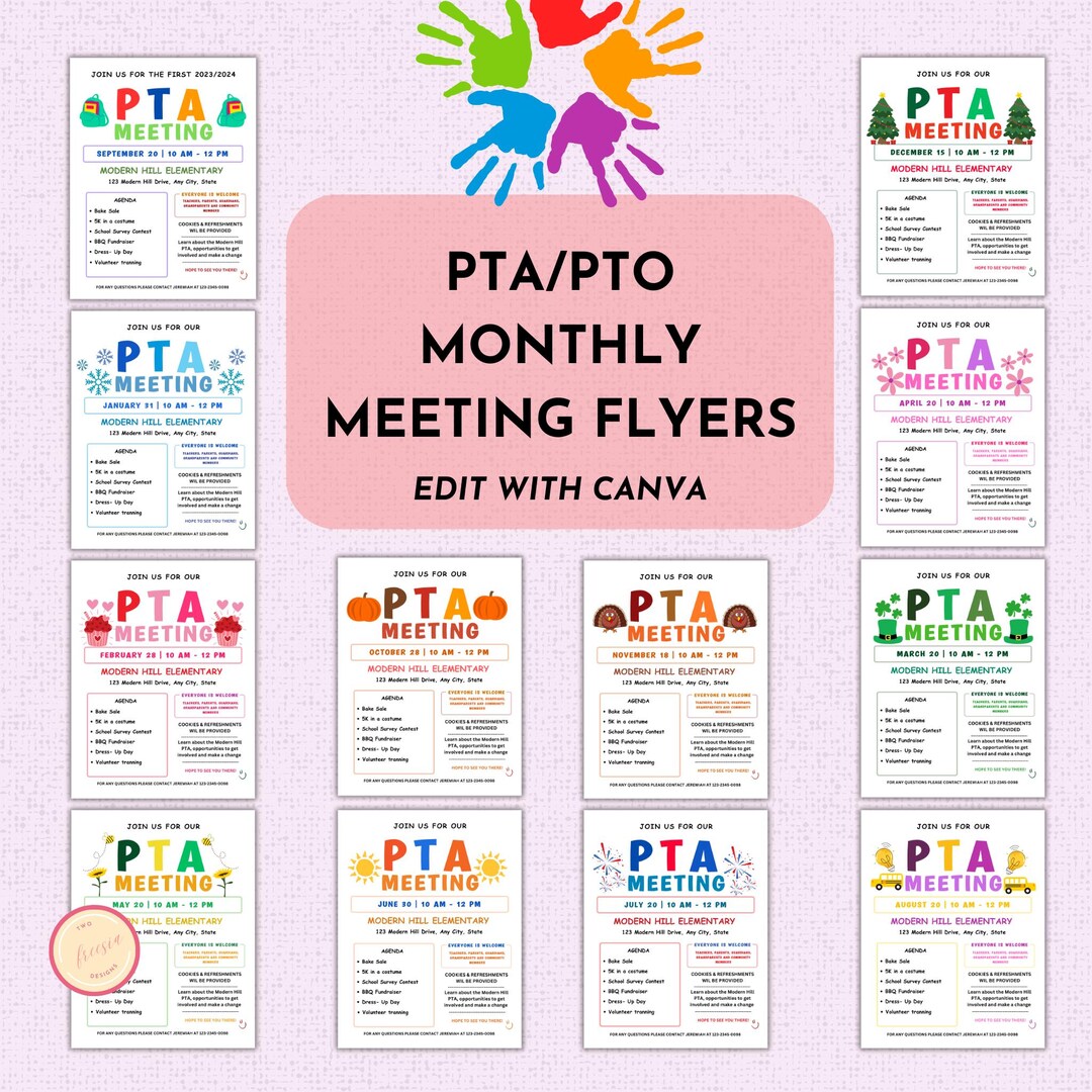 School PTA PTO Monthly Meetings Flyer Template Bundle - Editable PTA ...