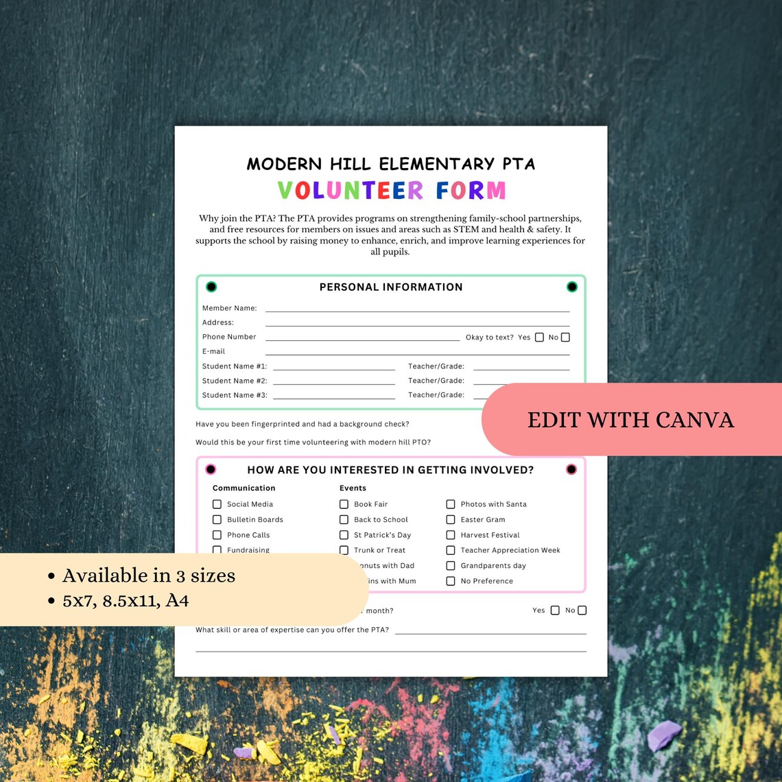 PTO PTA Volunteer Form Template - Editable Canva Template - Membership ...
