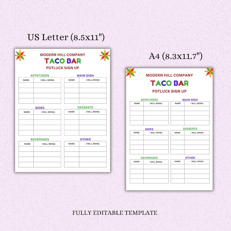 Taco Bar Potluck Sign-up Sheet Template, Church, Community Poster ...