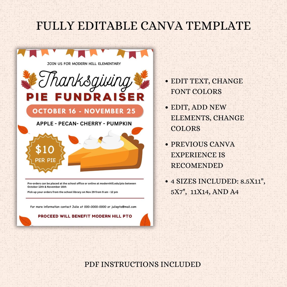 Thanksgiving Pie Fundraiser Flyer Template, Editable Thanksgiving Neighborhood, Office, School ...