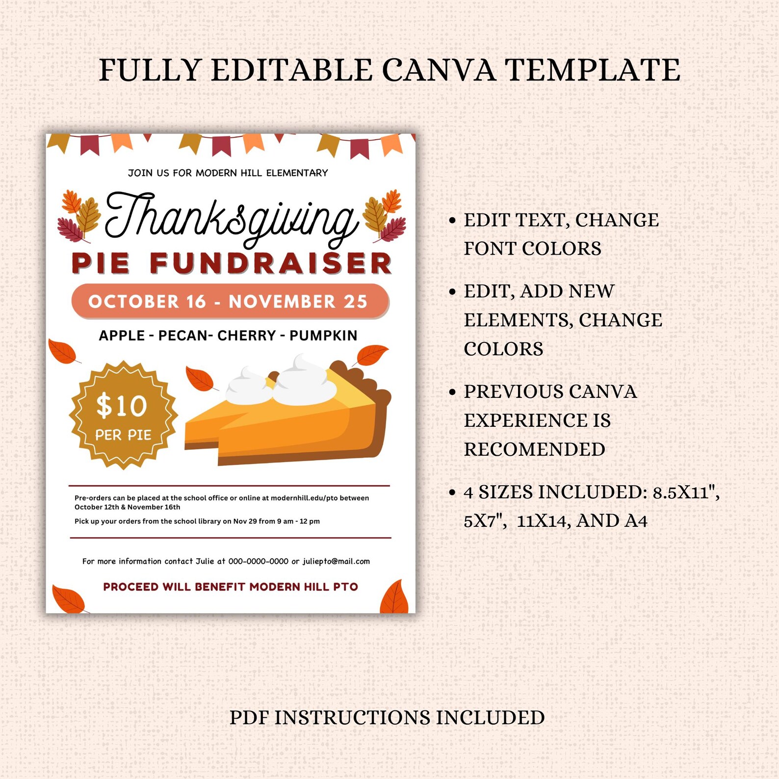 Thanksgiving Pie Fundraiser Flyer Template, Editable Thanksgiving ...
