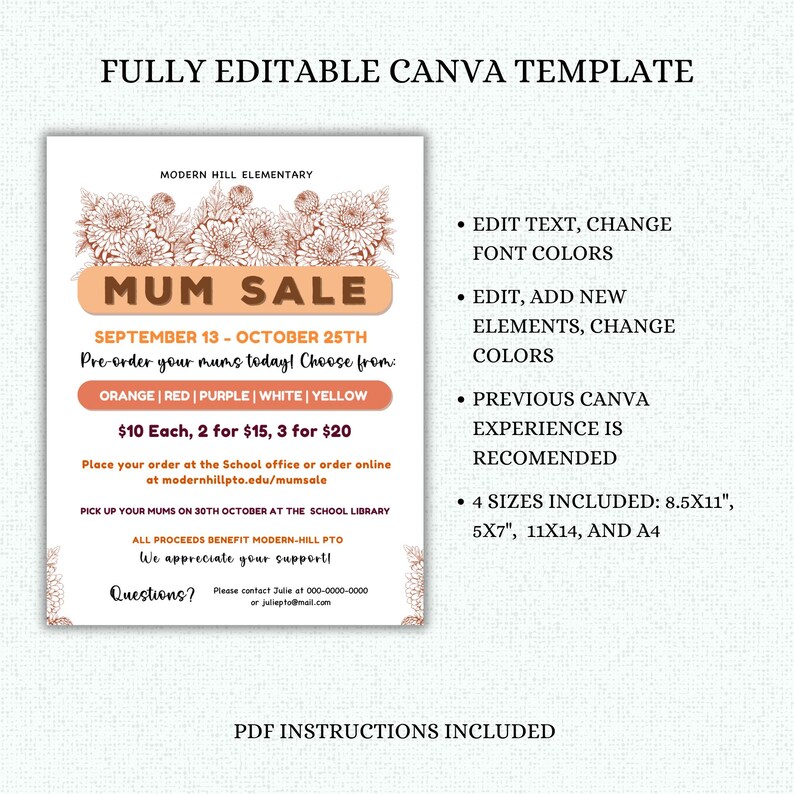 Editable Fall Mum Sale Flyer Template, School Fundraiser, Autumn ...