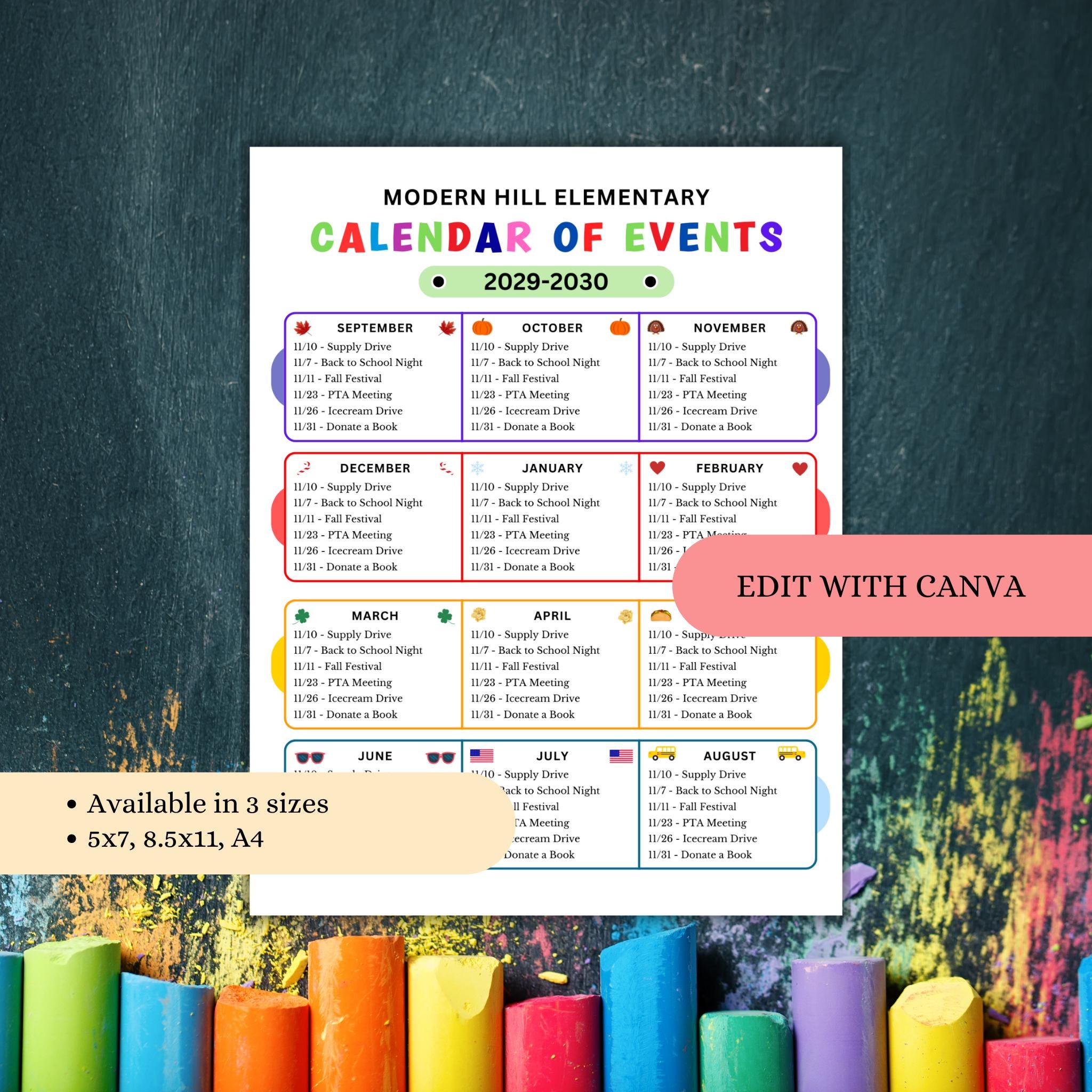 PTO/PTA Calendar of Events Flyer - Editable Canva Template for School ...