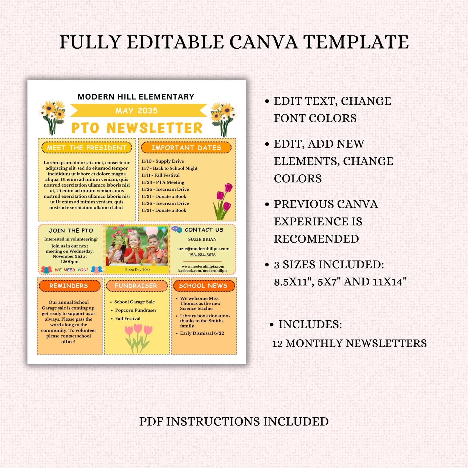 PTO/PTA Monthly Newsletter Template Bundle - 12 Editable PTA Canva ...