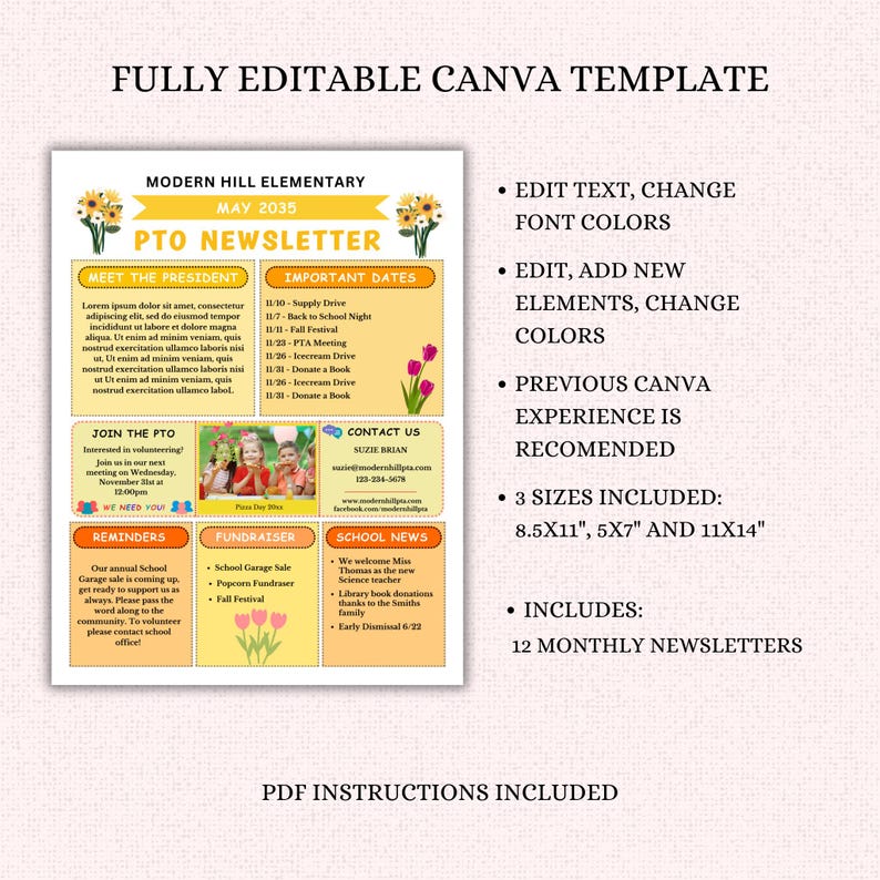PTO/PTA Monthly Newsletter Template Bundle - 12 Editable PTA Canva ...