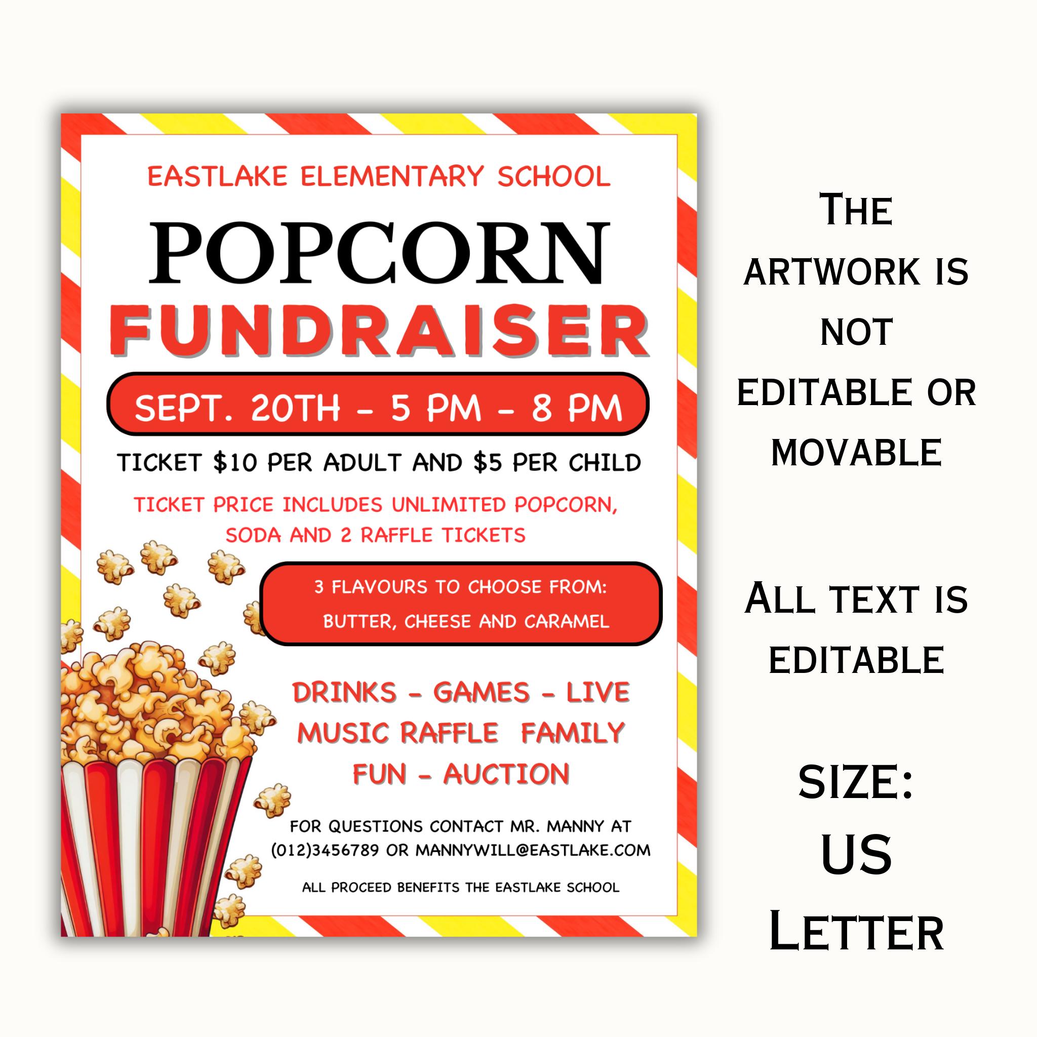 Editable Popcorn Fundraiser Flyer - Printable PTA, PTO, School Church ...