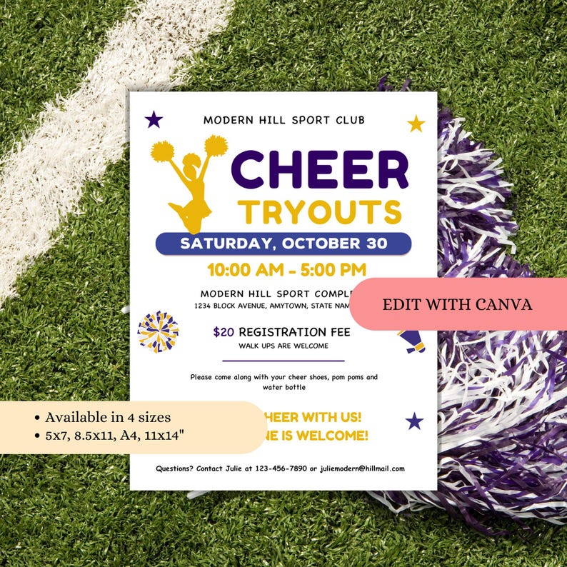 Cheerleading Tryout Flyer Template - Editable Cheer Tryouts Flyer for High School or Competitive ...